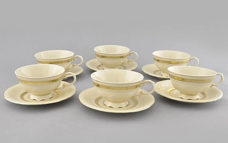 Набор чайных пар 200 мл на 6 персон 12 предметов, Слоновая кость, Золотой кант Соната 07560425-1239, Leander