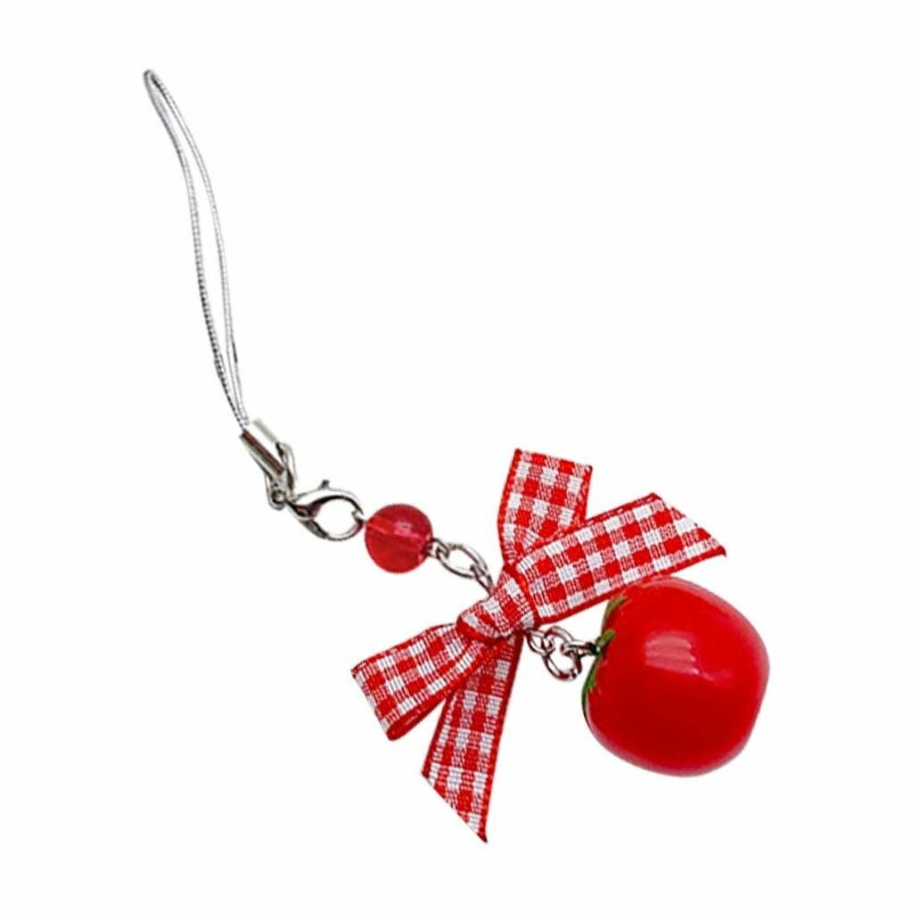 Брелок, Подвеска на цепочке для мобильного телефона в красную клетку с бантом из бисера-Помидор