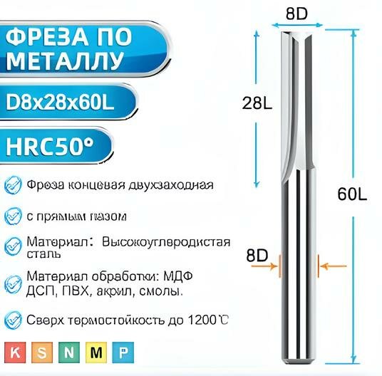 Фреза концевая двухзаходная с прямым пазом хвостовик 8 мм, размер 8х30х60 мм