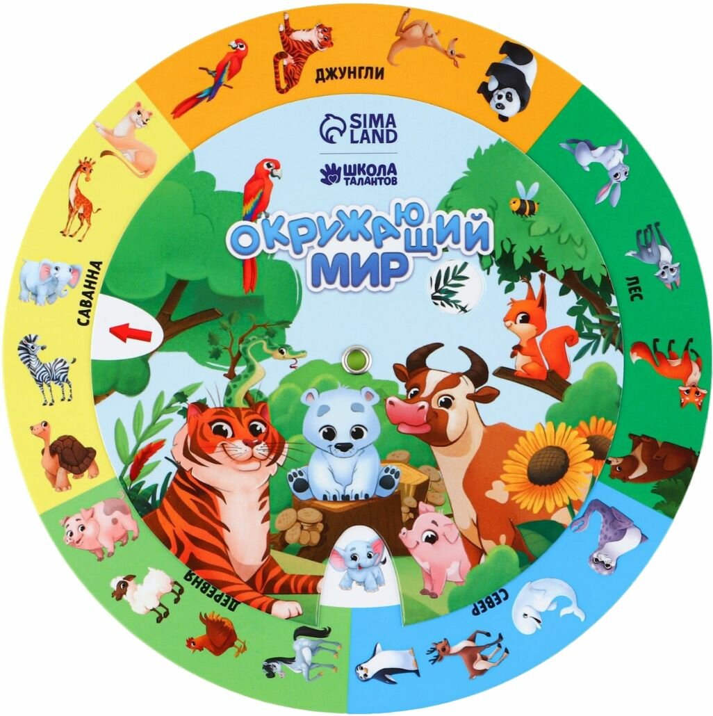 Шпаргалка вращающаяся "Животные мира", наглядный дидактический материал, изучаем и запоминаем животных и среду их обитания, обучающее пособие