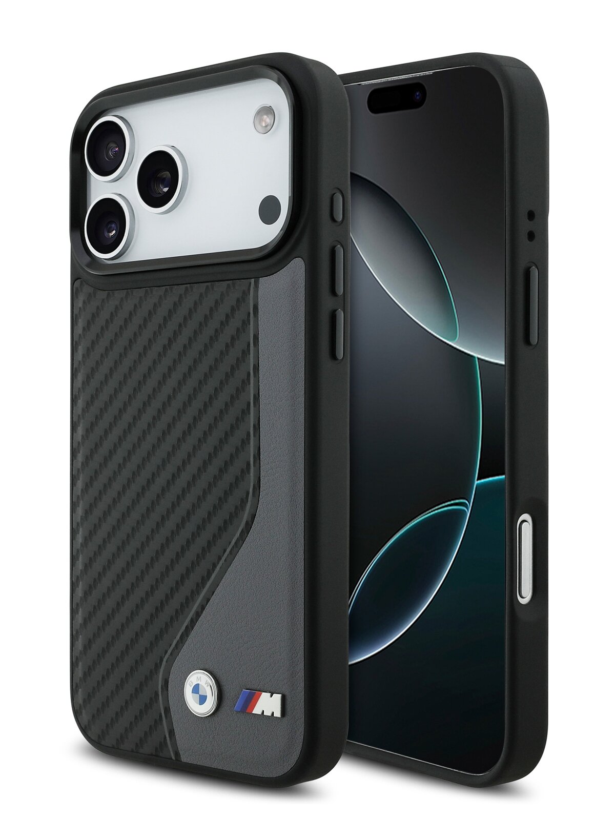 BMW чехол с MagSafe для iPhone 17 Pro, M-series из кожи PU Carbon/Smooth, черный/серый