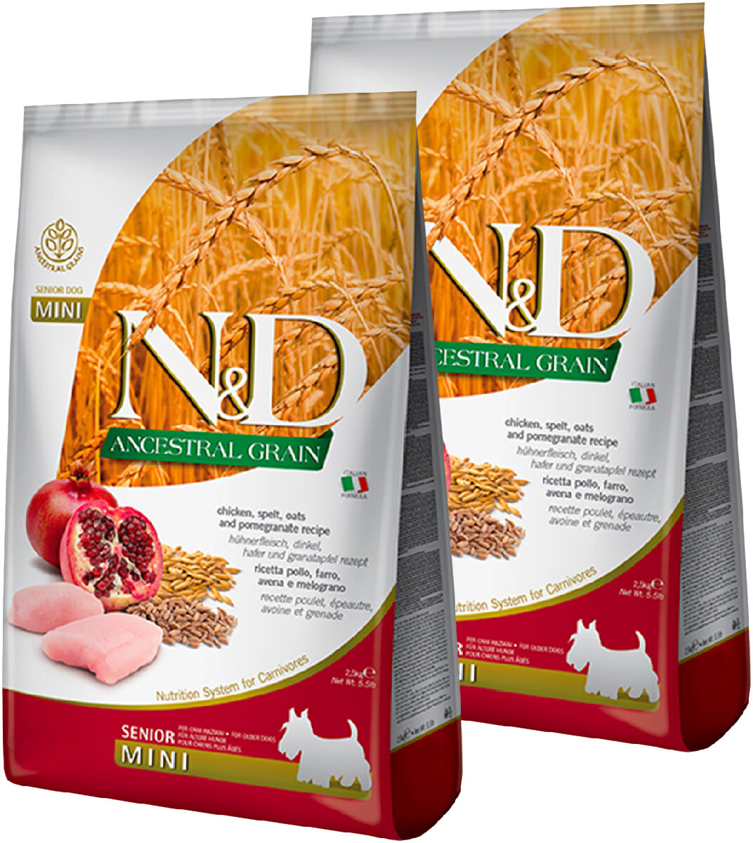 Корм сухой Farmina Dog N&D Ancestral Grain Senior Mini Chicken & Pomegranate низкозерновой для пожилых собак маленьких пород, курица и гранат, 2,5 + 2,5 кг