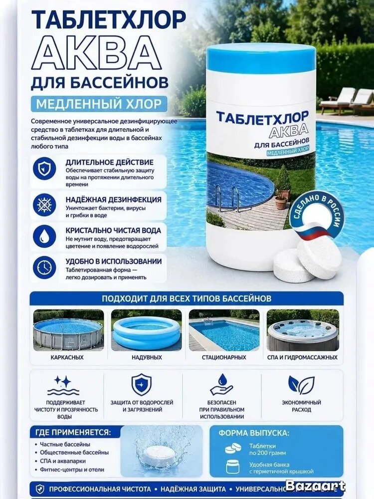 Медленный хлор для бассейна 50 таб. по 20 гр. (1 кг.) ТаблетХлор Аква