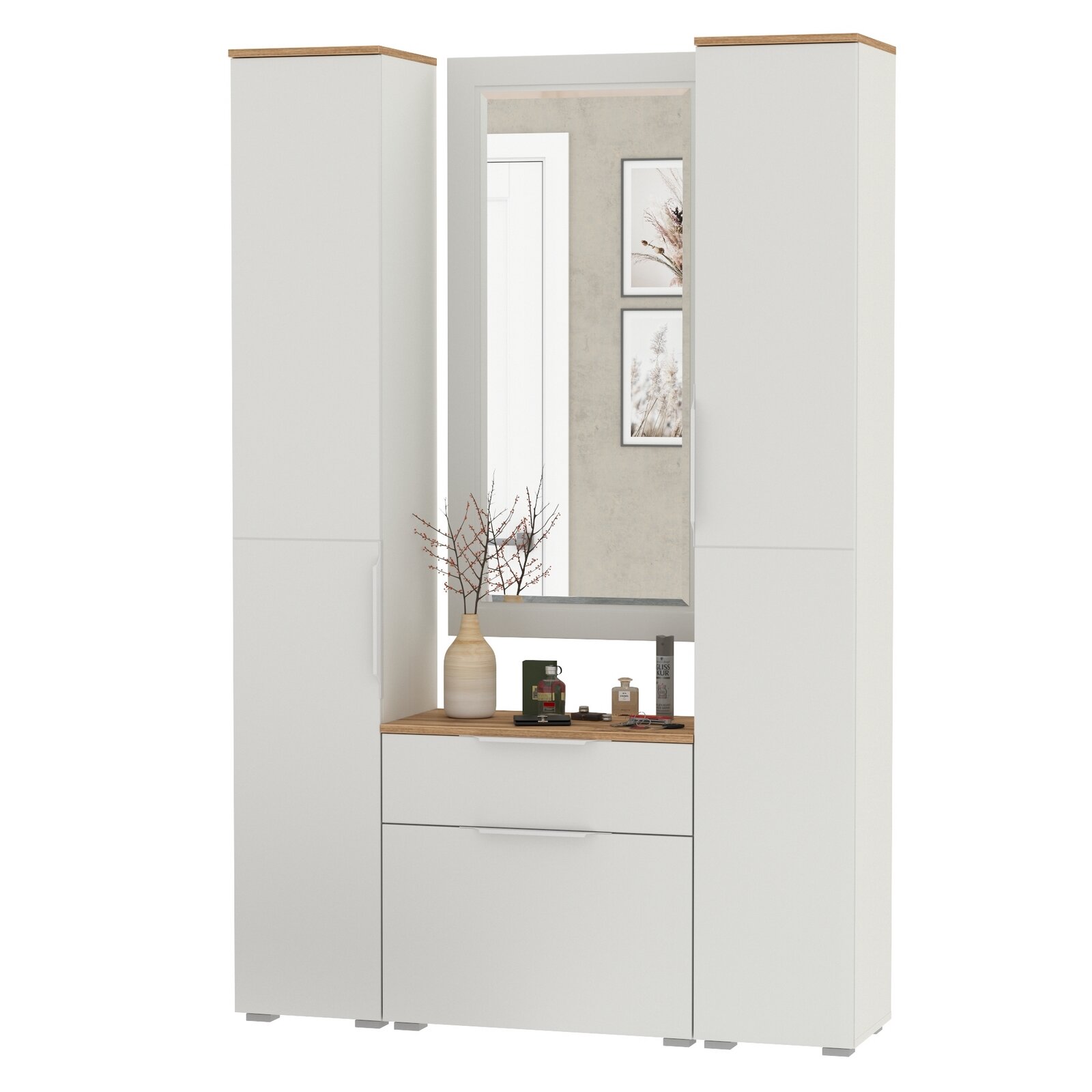 Прихожая комплект мебели для гардеробной, напольная 130см белый шагрень/дуб крафт золотой/фасады МДФ белый шагрень