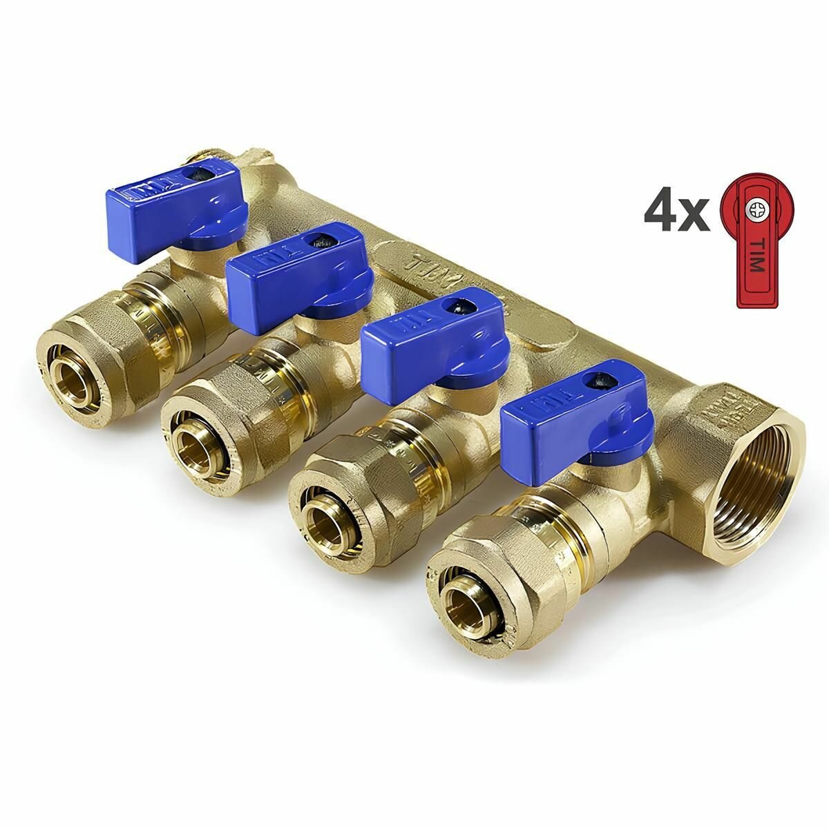 Коллектор с шаровыми кранами на 4 выхода 1" x 1/2", цанга 16 мм для водоснабжения и отопления