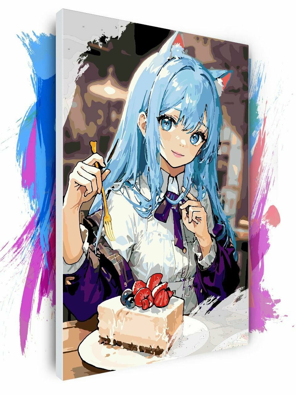 Картина по номерам на холсте Аниме девушка-кошка с чизкейком, 40 х 60 см