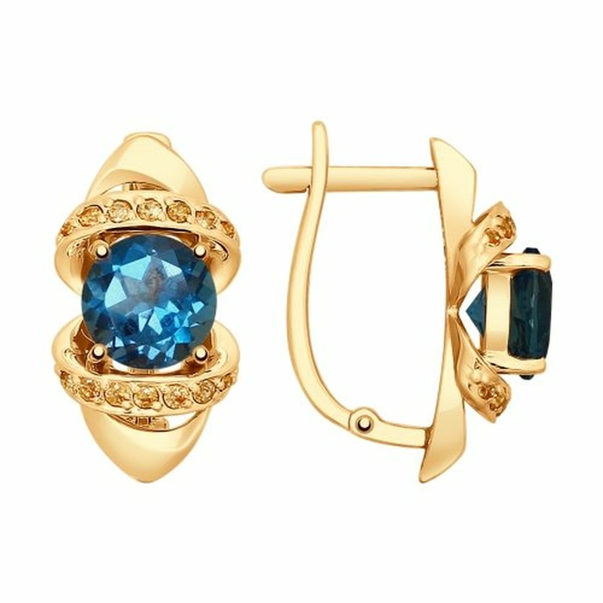Серьги, красное золото, 585 проба, Лондон топаз, фианит