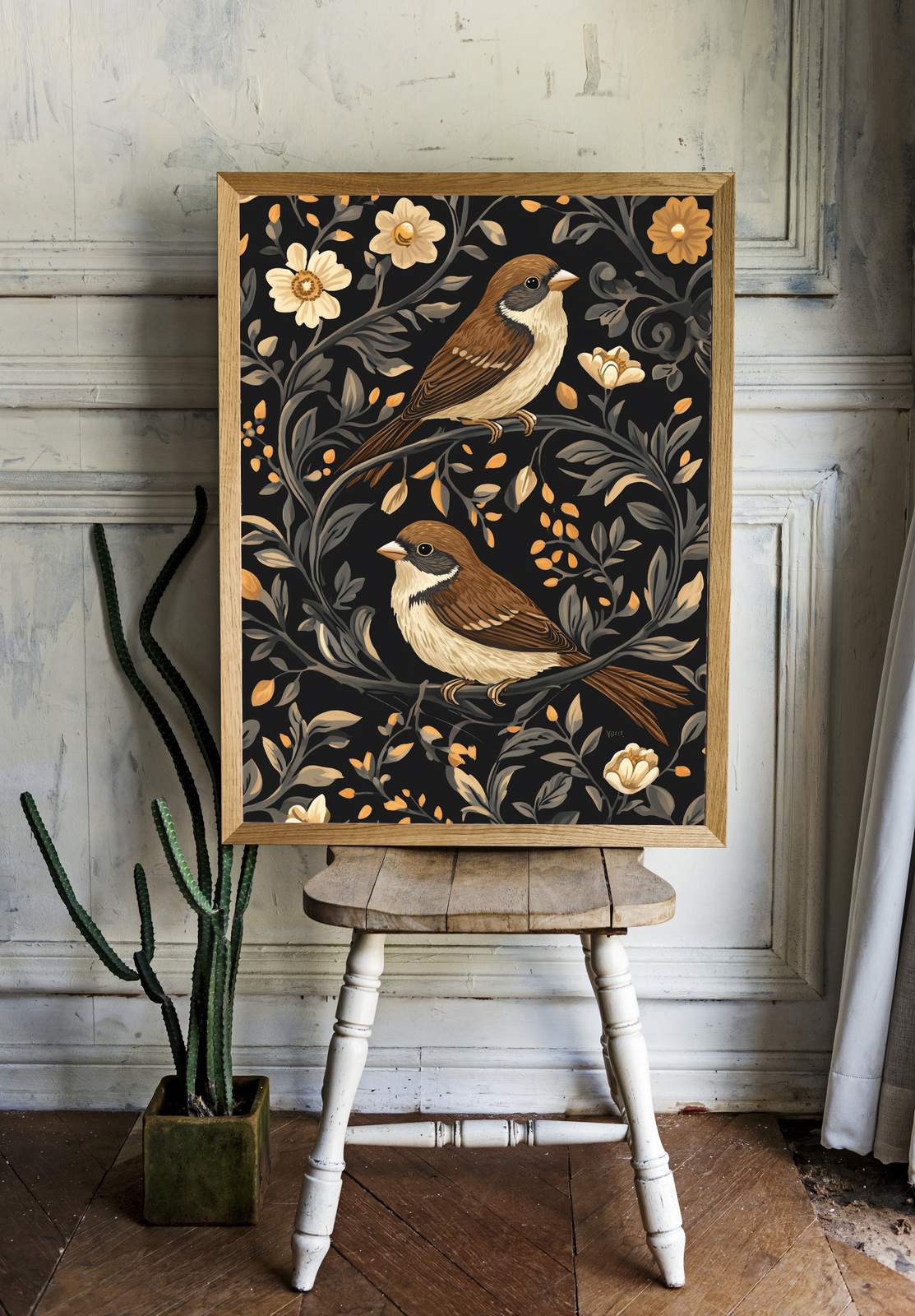 Постер "Птицы среди цветов в винтажном стиле" 40x50 см в подарочном тубусе