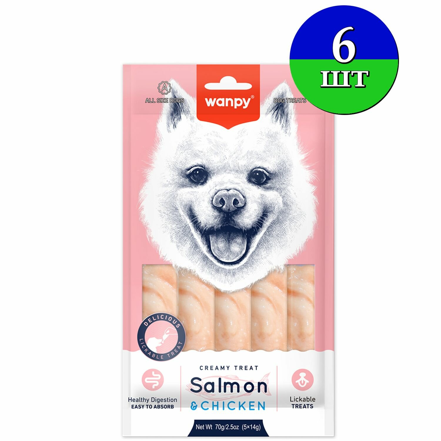 Wanpy Dog - Крем лакомство для собак "нежное пюре" из из лосося и курицы, 420 гр (70 гр х 6 шт)