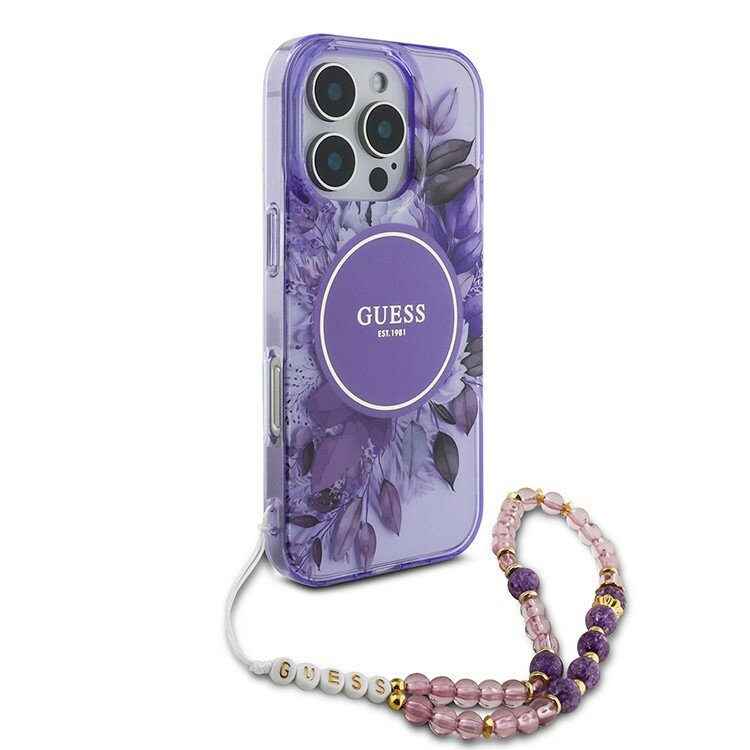 Guess чехол MagSafe для iPhone 16 Pro Max, PC/TPU Flowers со шнурком на руку, фиолетовый