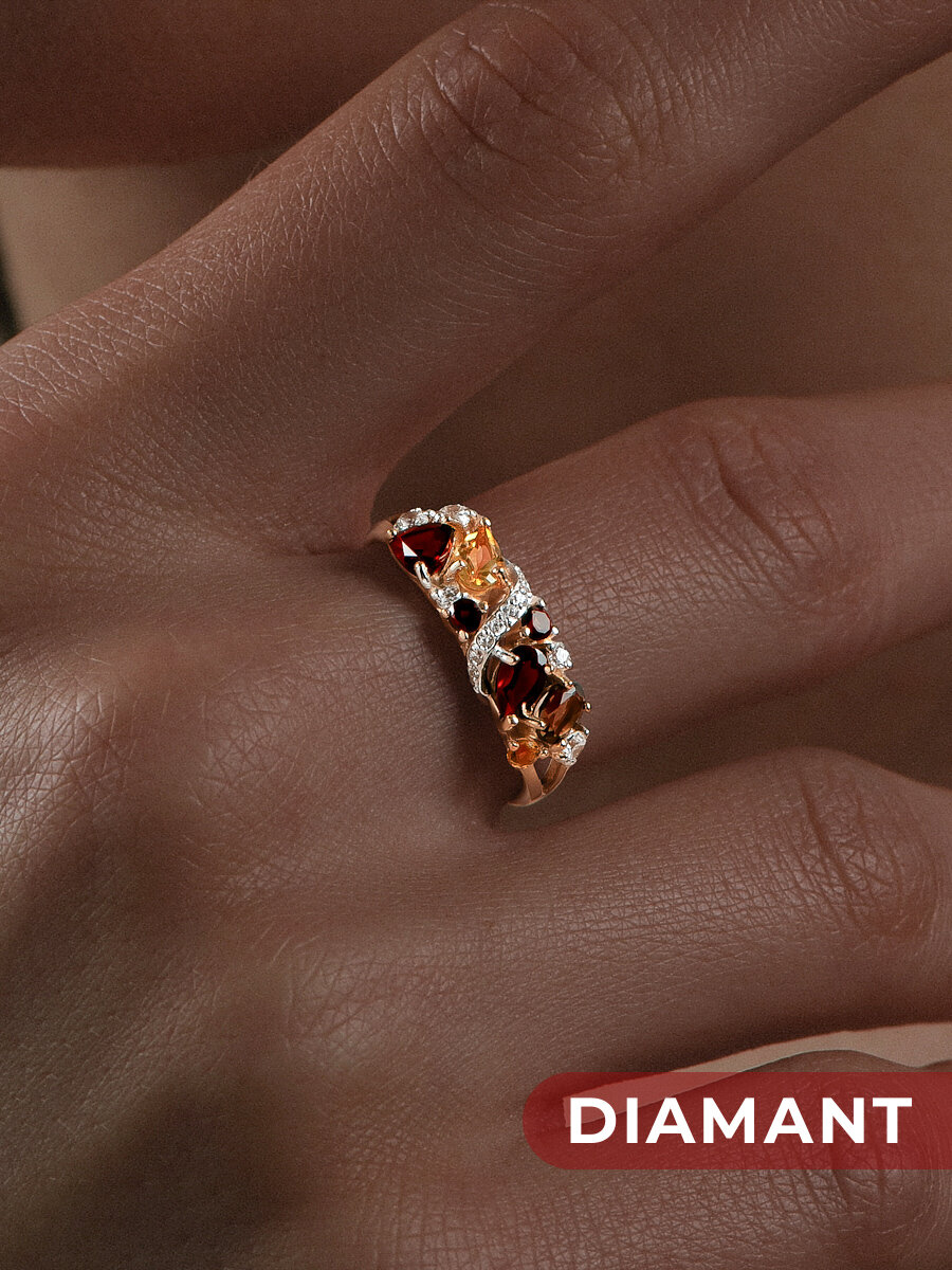 Кольцо, красное золото, 585 проба, гранат, цитрин, фианит, раухтопаз