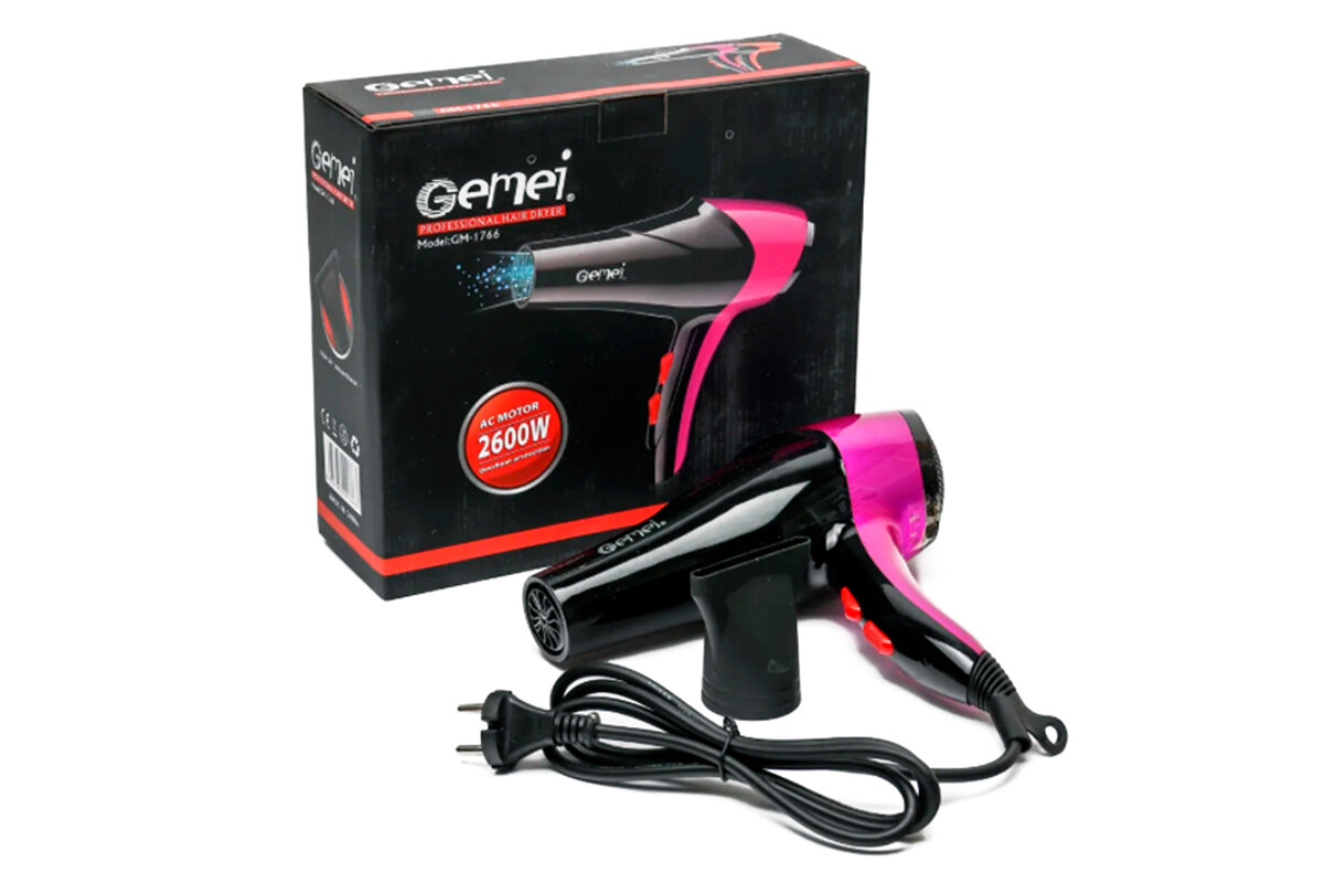 ФЕН Gemei Professional GM-1766, 2600W, 3 режима, 2 скорости, 1 насадка