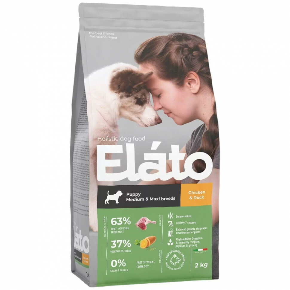 Сухой корм Elato Holistic для щенков средних и крупных пород с курицей и уткой