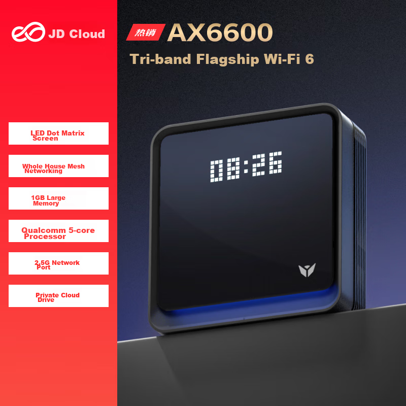 Jingdong Cloud Wireless AX6600 Athena 128GB Home Router, WIFI6, Qualcomm 5-Core, 1GB RAM, LED Matrix Screen, Tri-Band Mesh