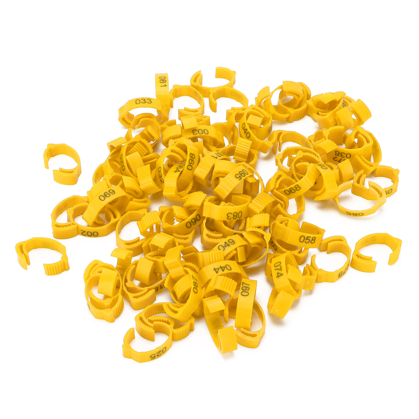 100 шт. Номерные кольца на лапку для птицы: куры, утки, попугаи, желтые