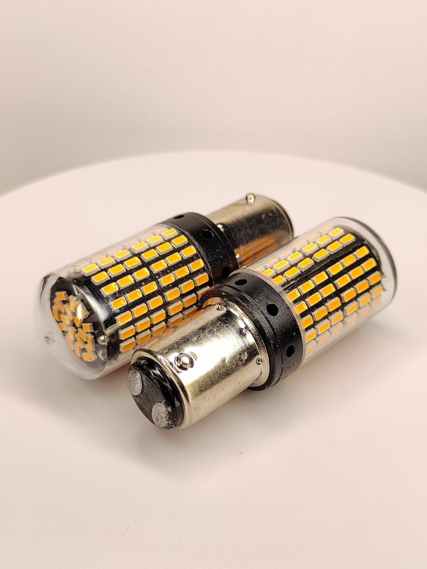 Желтые P21/5W LED 2-контактные 12-24V лампы (PY21/5W 1157 BAY15D) 144SMD 3014 для автомобилей мототехники грузовиков, 2шт