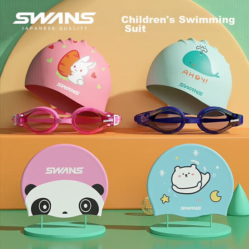 SWANS Swimming Goggles for Children, Comfortable, Waterproof, Anti-Fog, Youth Swimming Glasses, Children's Swimming Goggles, Swimming Cap Set, FOX2 Pink Rabbit