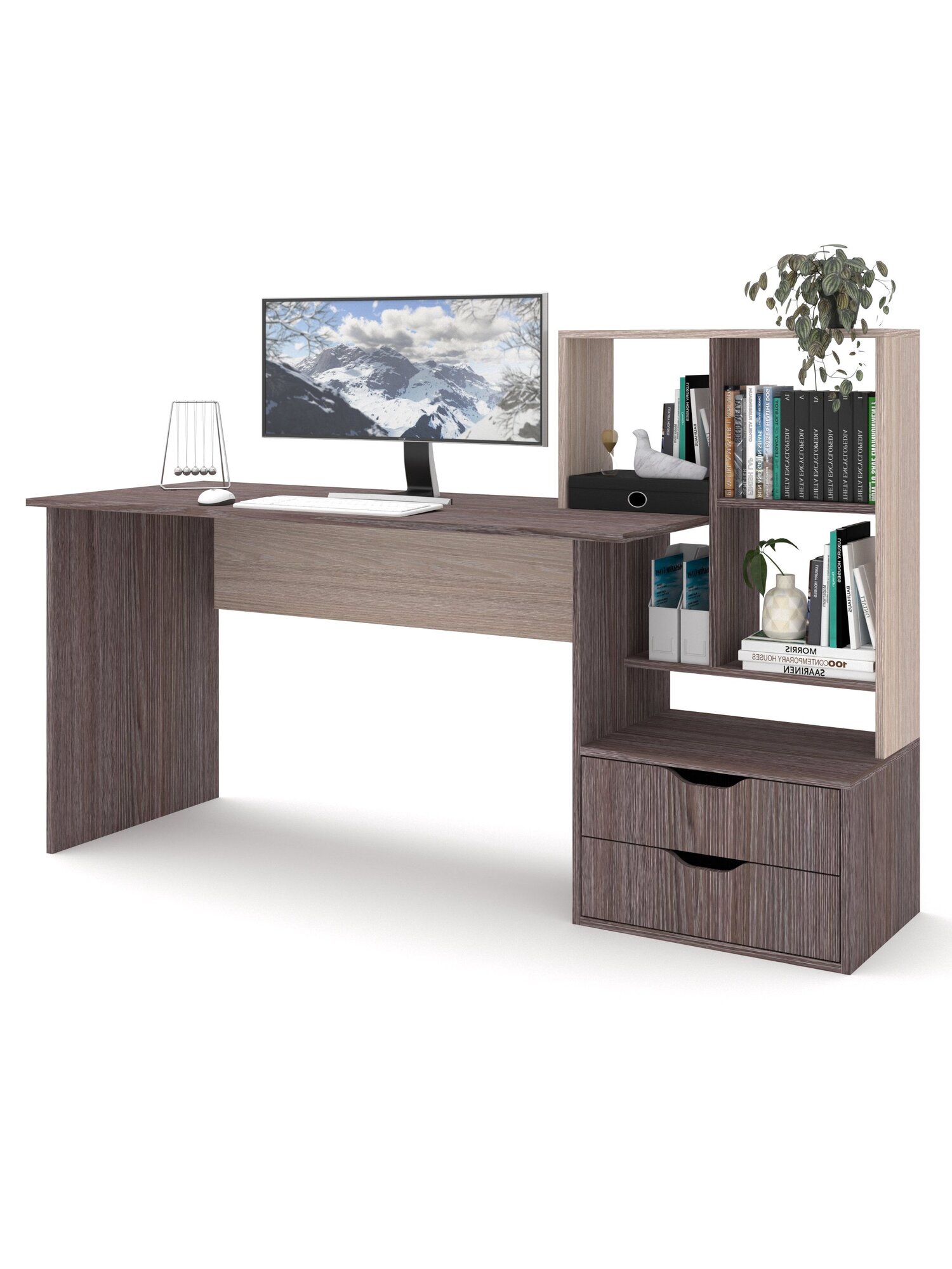 Есэндвич Лаворо 5 Компьютерный стол со стеллажом и ящиками 170х110х60 см правый (Анкор тёмный/Анкор светлый)