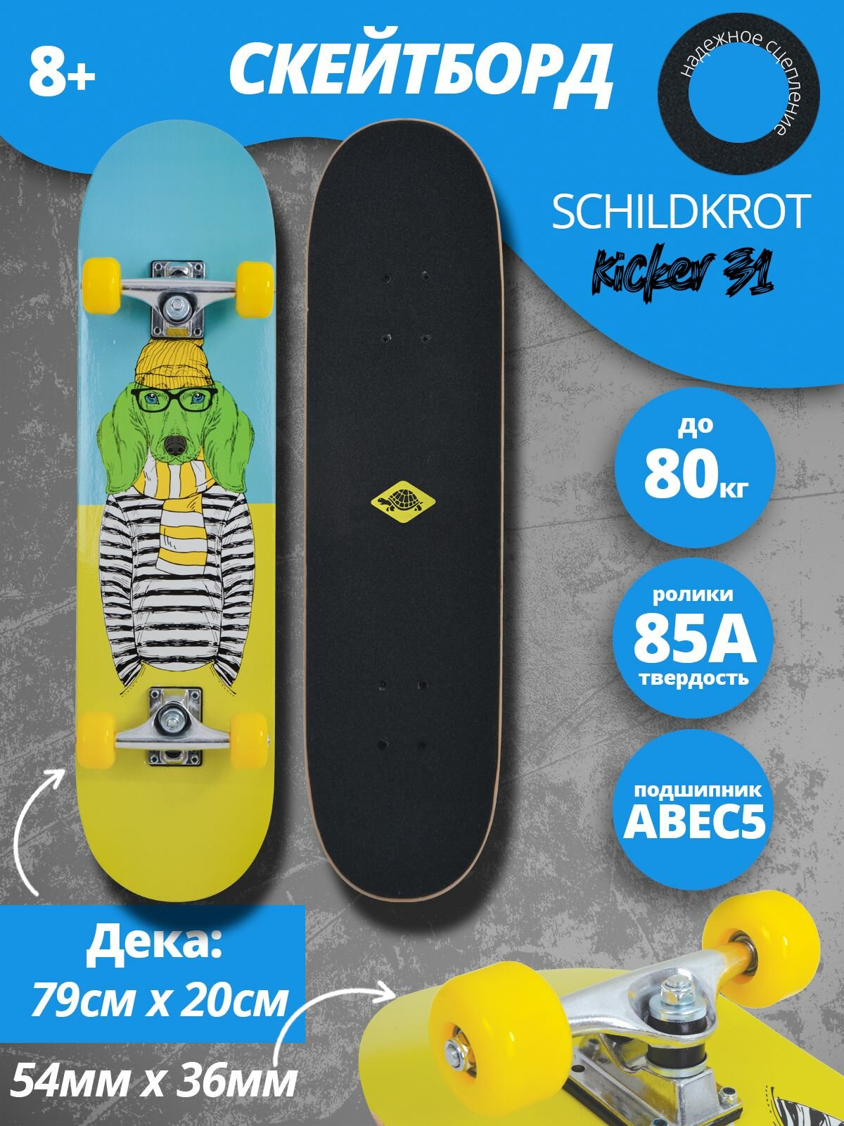 Скейтборд для детей, подростков, взрослых SCHILDKROT Kicker 31 Green Dog