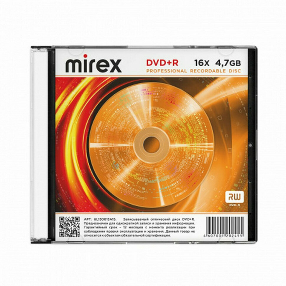 Диск DVD+R (плюс) MIREX, 4,7 ГБ, 16x, Slim Case, 1 штука, UL130013A1S, 514012