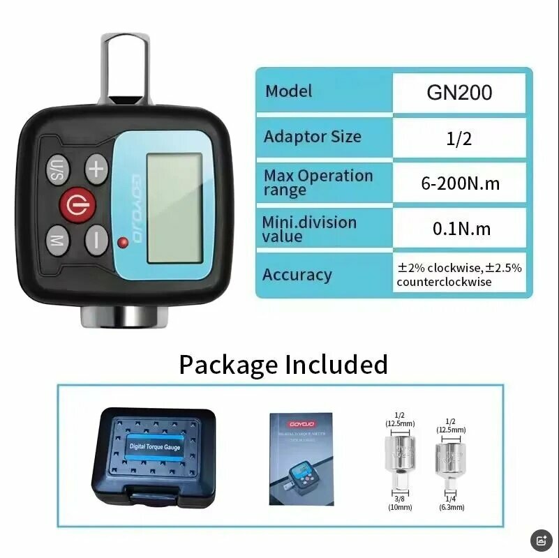 6-200 Нм Цифровой динамометрический ключ 1/4' 3/8' 1/2' Электронный для велосипеда Ремонт автомобиля Набор ручных инструментов