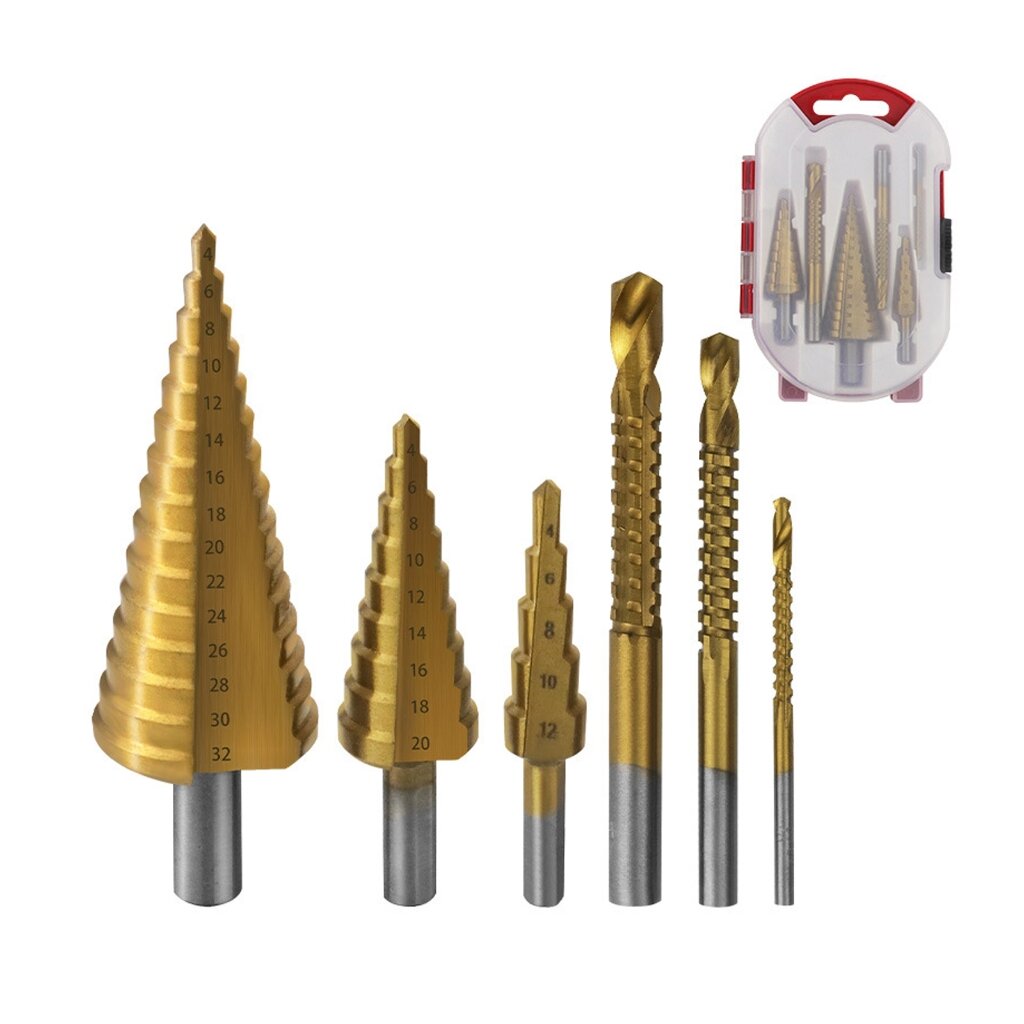 Набор Ступенчатых Сверл С Титановым Покрытием Из 6 Частей Для Многоцелевого Сверления По Дереву Алюминию Пластику Тонкому Металлу