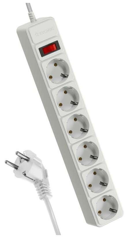 Удлинитель силовой Космос с сетевым фильтром, 6х3 м, с заземлением, 16А, IP20, 3.5 кВт, 3х1 мм2, предохранитель, выключатель, индикатор сети, белый