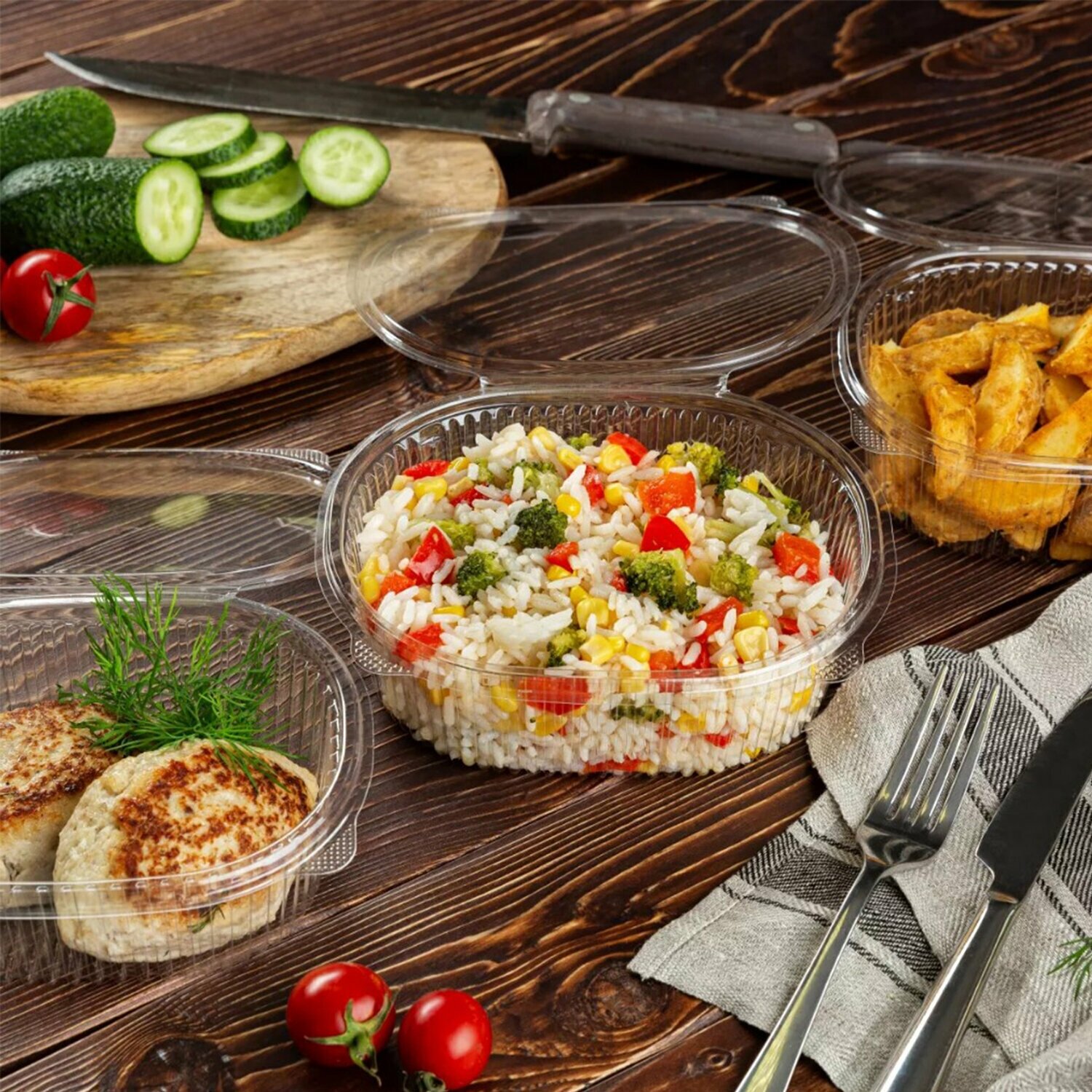 Одноразовый контейнер овальный 750 мл, С крышкой, ЮП-РКС, комплект 420 шт, прозрачный ПЭТ, ЮУПМ6005