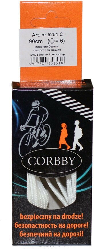 Шнурки CORBBY, фосфоресцентные, белые, плоские, 100% полиэстер, 90см