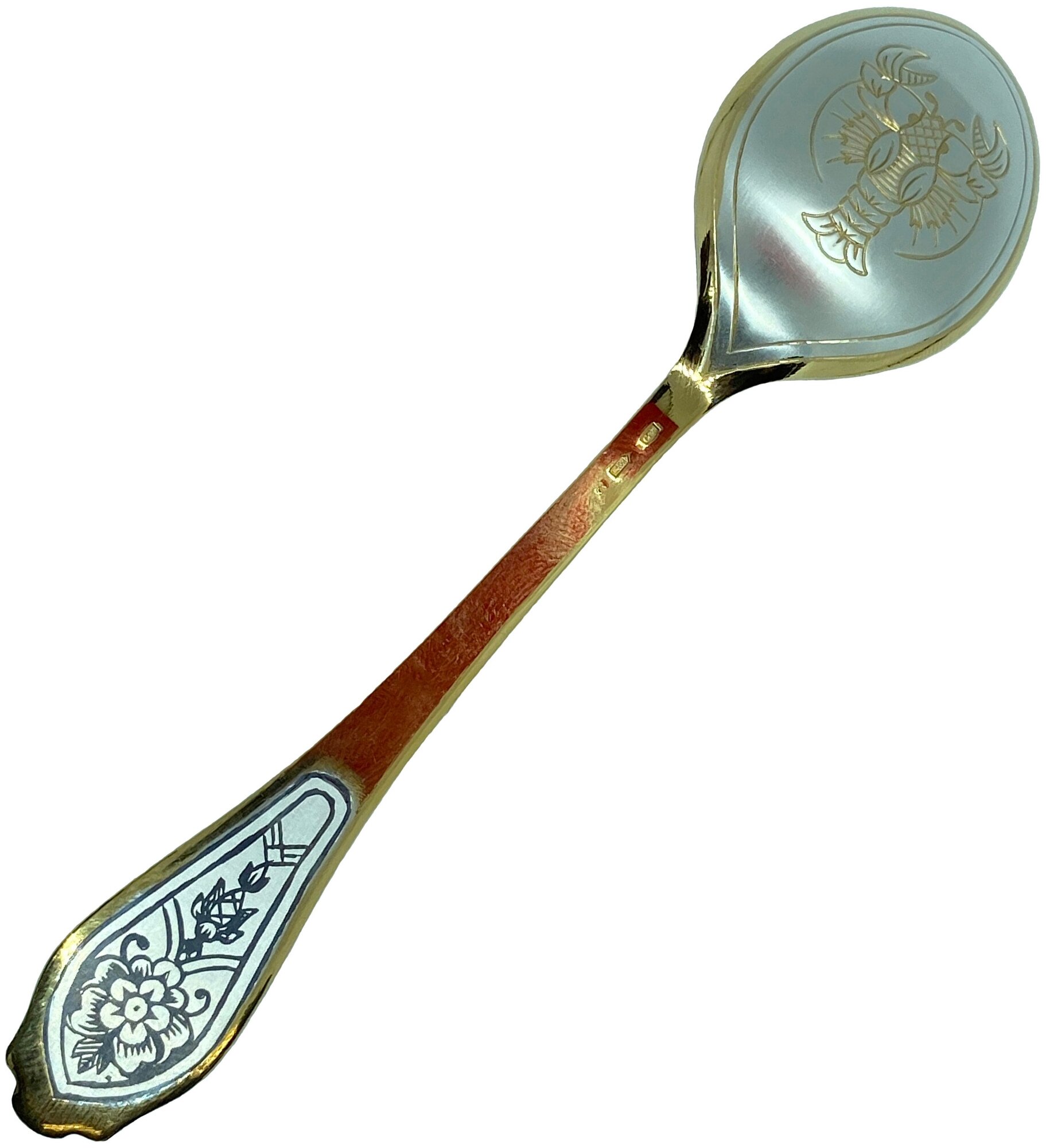 Ложка чайная из серебра 925 пробы с позолотой. Знак зодиака Рак. Северная чернь. 40010388А04