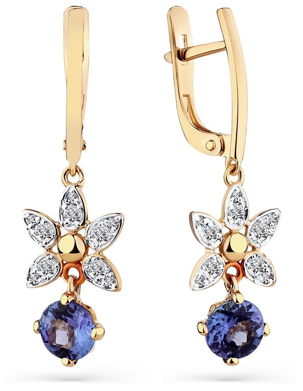 Серьги, красное золото, 585 проба, бриллиант, танзанит
