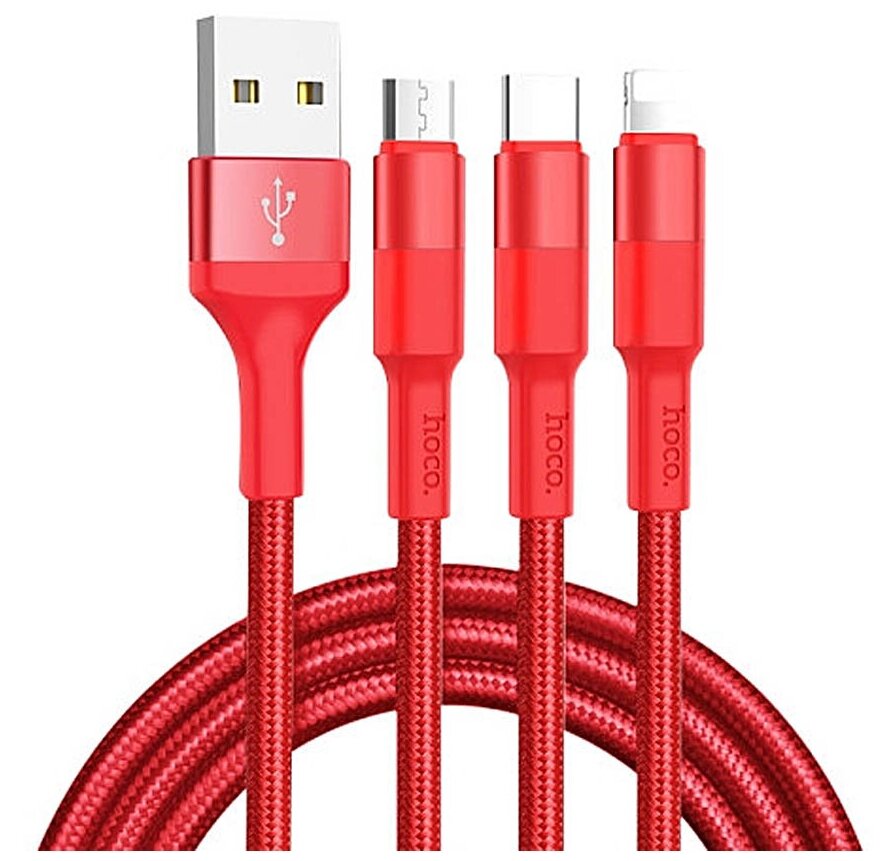 Кабель USB HOCO X26 Xpress 3 в 1 для Lightning, Micro USB, Type-C, 2.0A, 1 м, красный