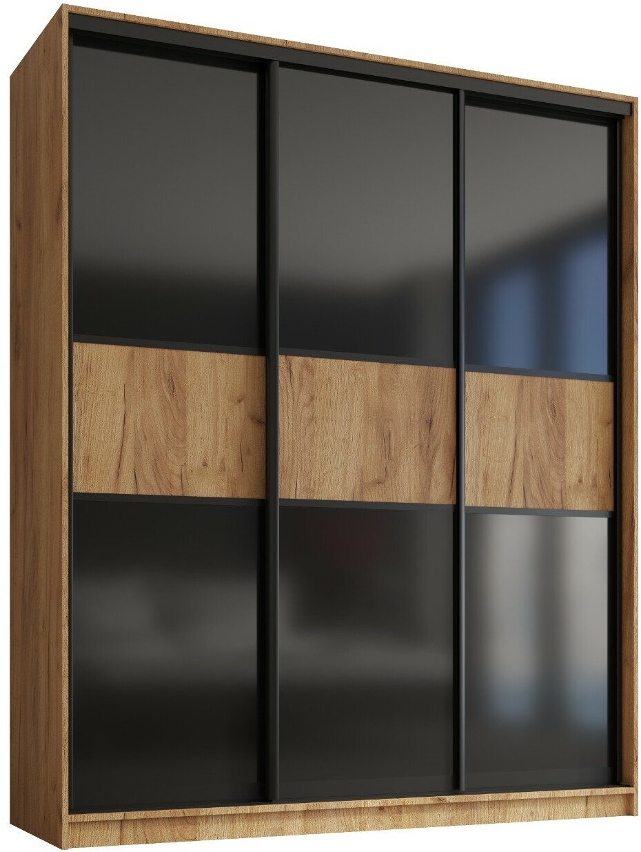Шкаф купе Райан 3, Легкомаркет, 160х45х220, белье/платье, дуб крафт золотой, профиль черный, стекло Оракал