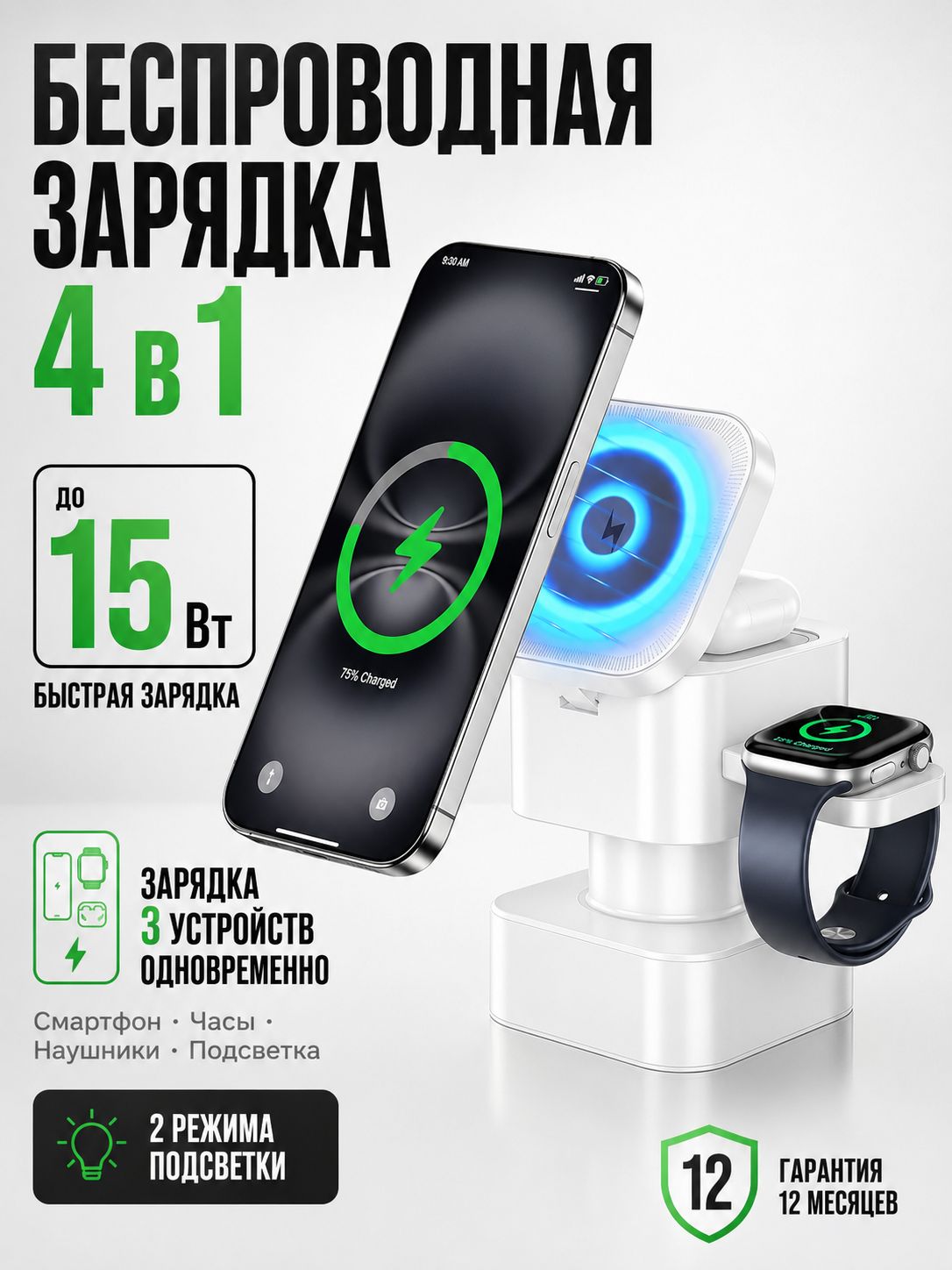 Складная магнитная зарядная станция 4 в 1 с ночником, беспроводная зарядка MagSafe для iPhone 12-17, Apple Watch, AirPods, портативная подставка для спальни и поездок