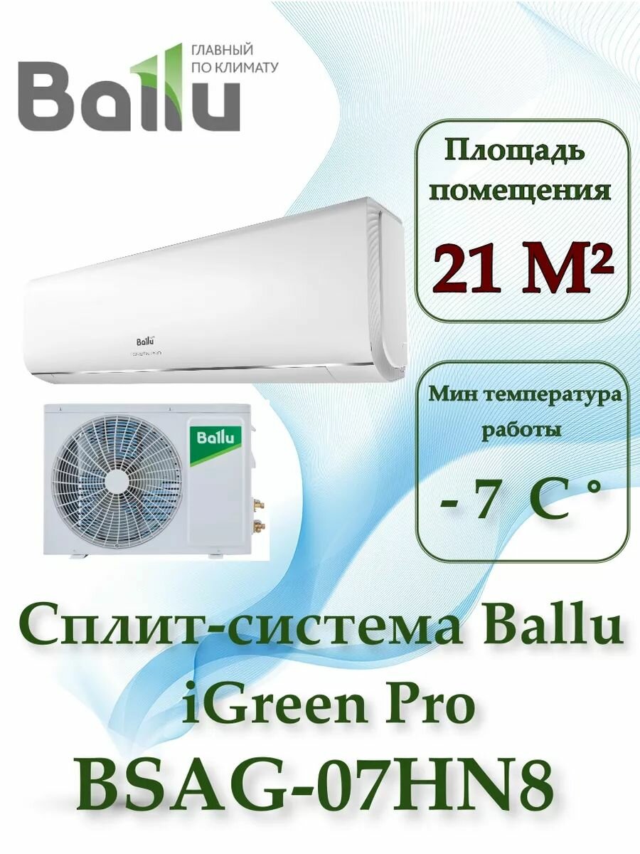 Сплит-система Ballu BSAG-07HN8 комплект, белый, настенный, 21 кв. м.
