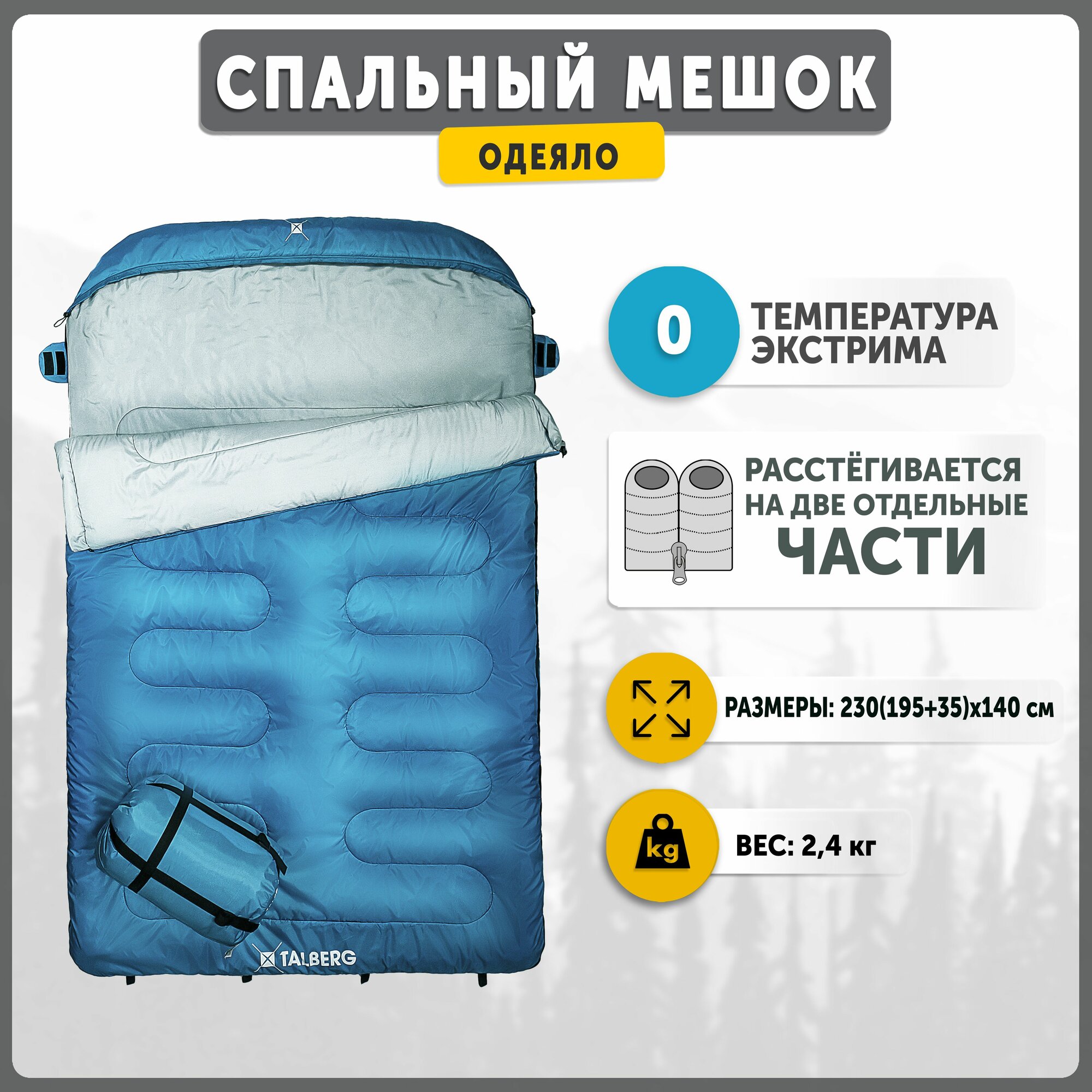 Спальный мешок туристический двухместный AOSTA DOUBLE 0C, голубой, большой