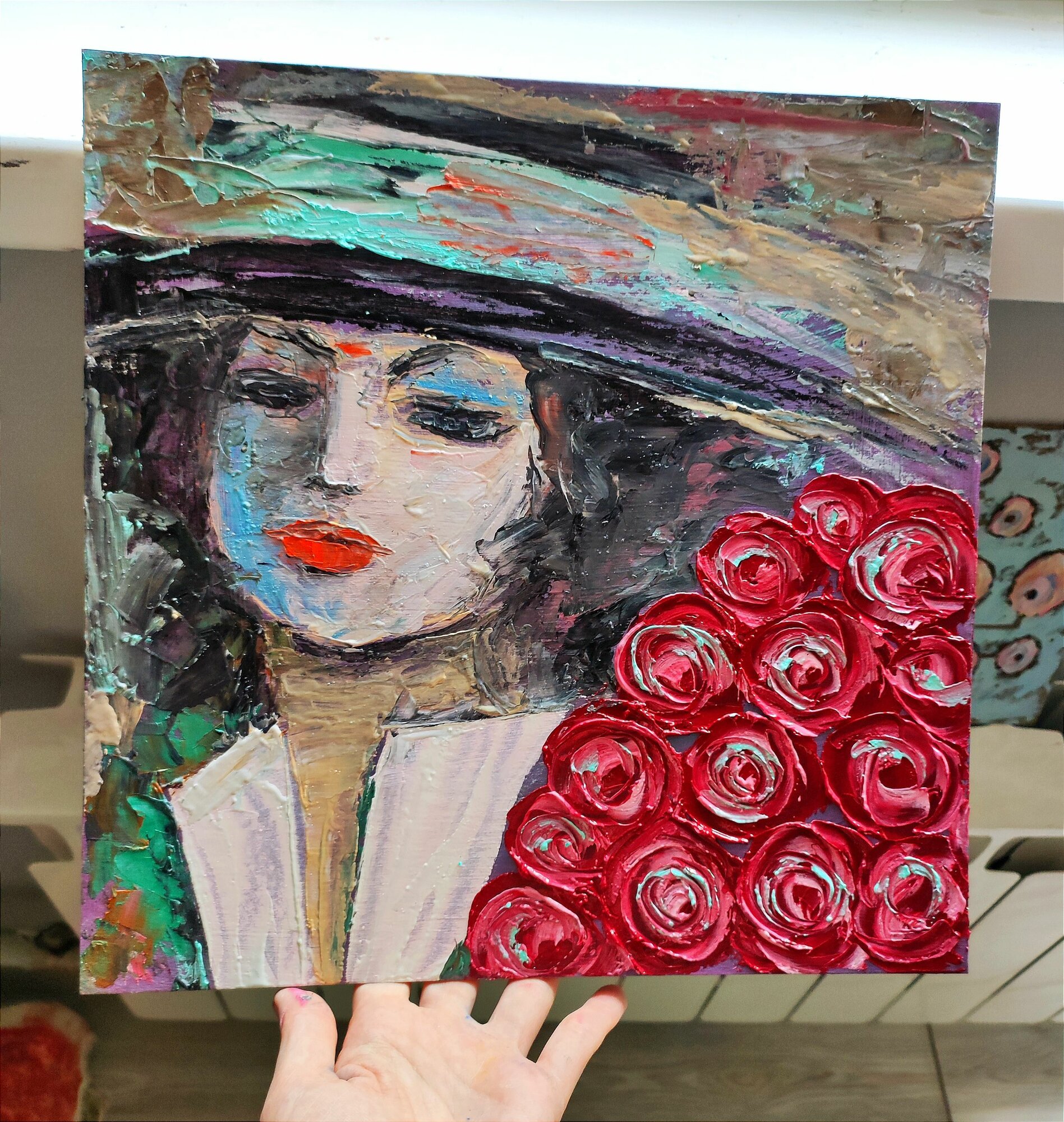 Квадратная картина "Девушка с розами", масло, авторская живопись