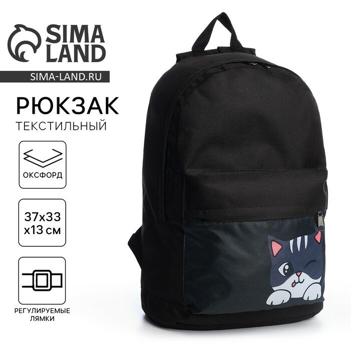 Рюкзак школьный детский для девочки «Котик» 33×13×37, отдел на молнии, карман, чёрный