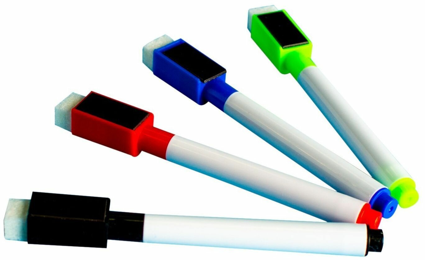 Цветные стираемые водные маркеры с магнитом, комплект фломастеров пиши-стирай на водной основе для рисования по белой магнитной доске, флипчарту, стеклу, набор 4 шт.