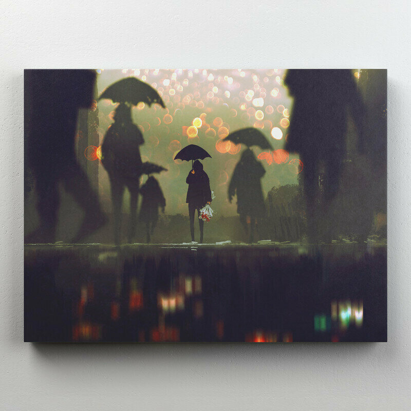 Интерьерная картина на холсте "Одинокий человек с букетом цветов стоит под зонтиком" размер 30x22 см