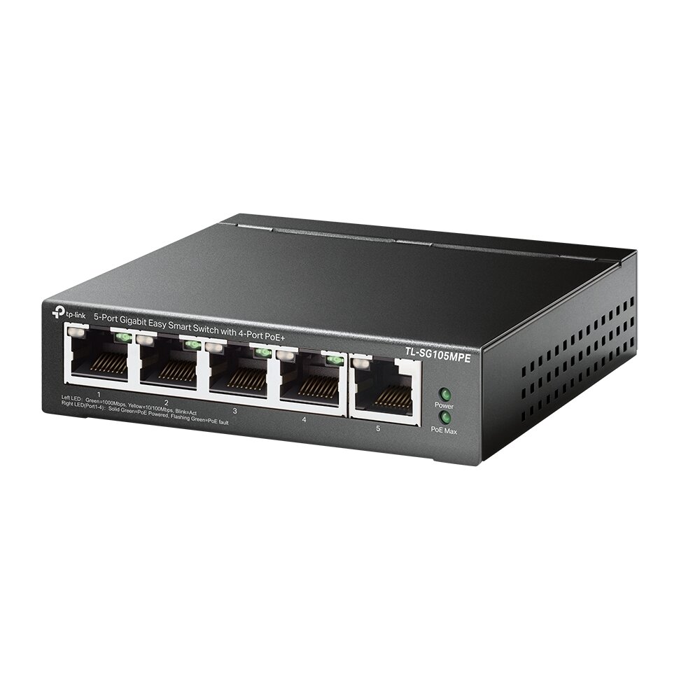 Коммутатор TP-Link TL-SG105MPE Easy Smart с 5 гигабитными портами (4 порта PoE+), 802.3af/at, бюджет PoE — 120 Вт, стальной корпус