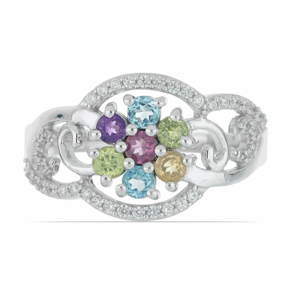 Кольцо, серебро, 925 проба, родирование, родолит, циркон, цитрин, топаз, перидот