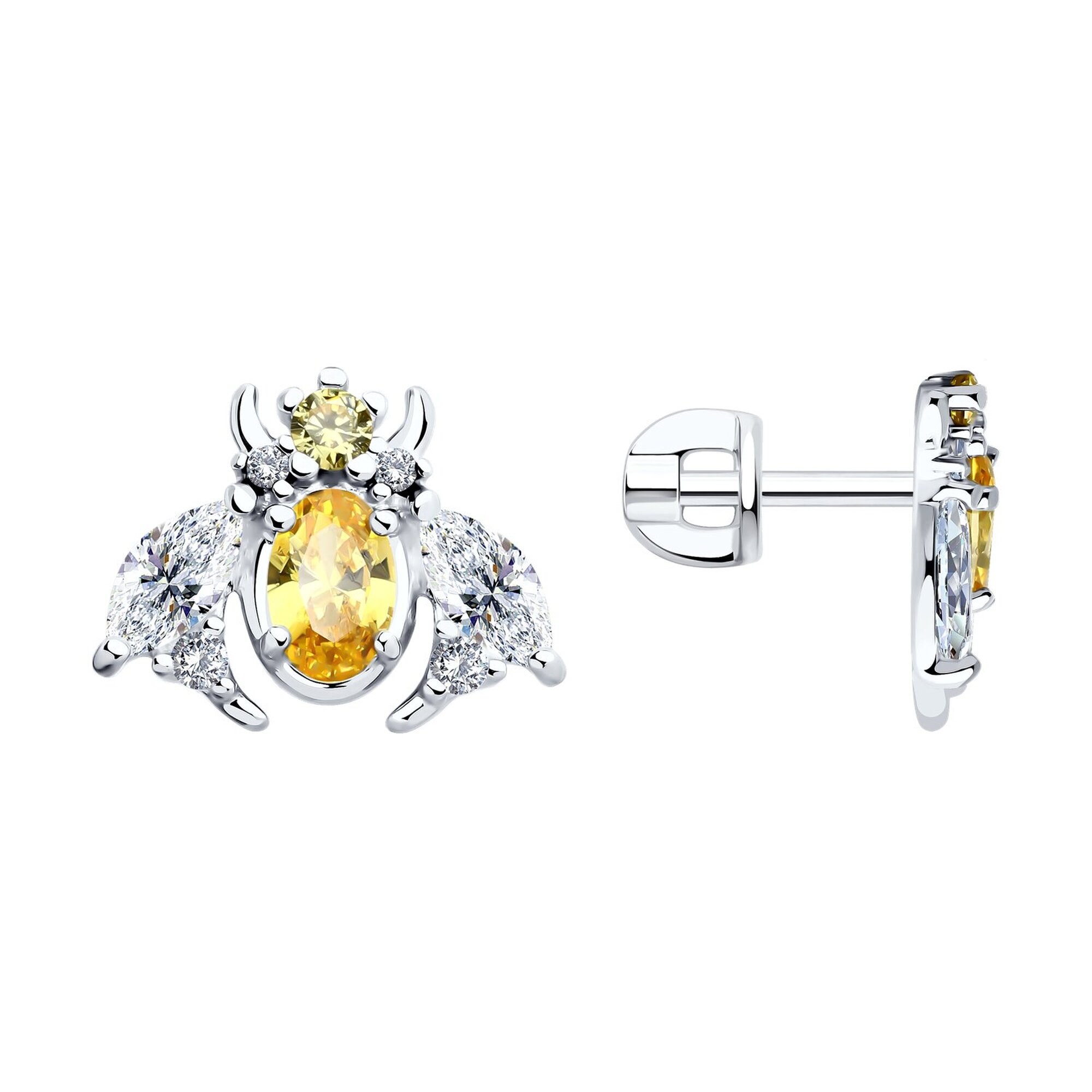 Серьги пусеты, серебро, 925 проба, родирование, фианит