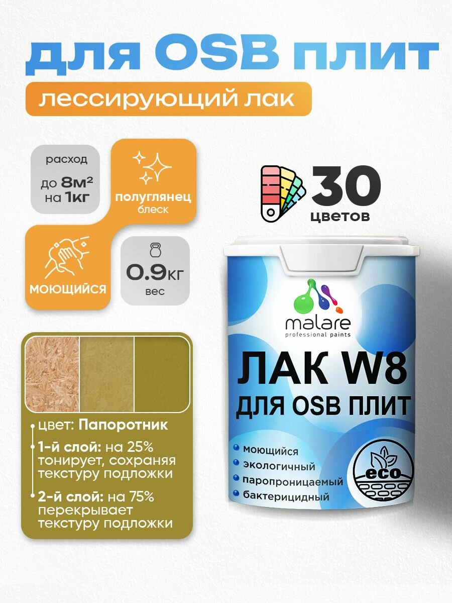 Лак колерованный тонирующий для защиты ОСБ плит Malare W8 для дерева и минеральных поверхностей, паропроницаемый водный без запаха, полуглянцевый, папоротник, 0.9 кг.