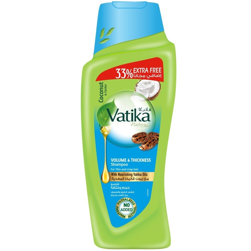 Vatika COCONUT AND CASTOR Volume And Thickness Shampoo, Dabur (Ватика кокос И касторовое масло Шампунь объем И толщина для тонких волос, Дабур), 400 + 132 мл.