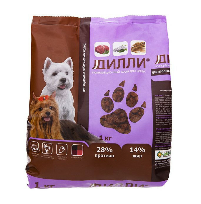 Дилли сухой корм для взрослых собак мелких пород с курицей и индейкой - 1 кг 1 кг