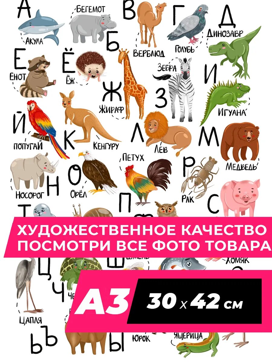 Плакат алфавит русский на стену Буквы и животные A3