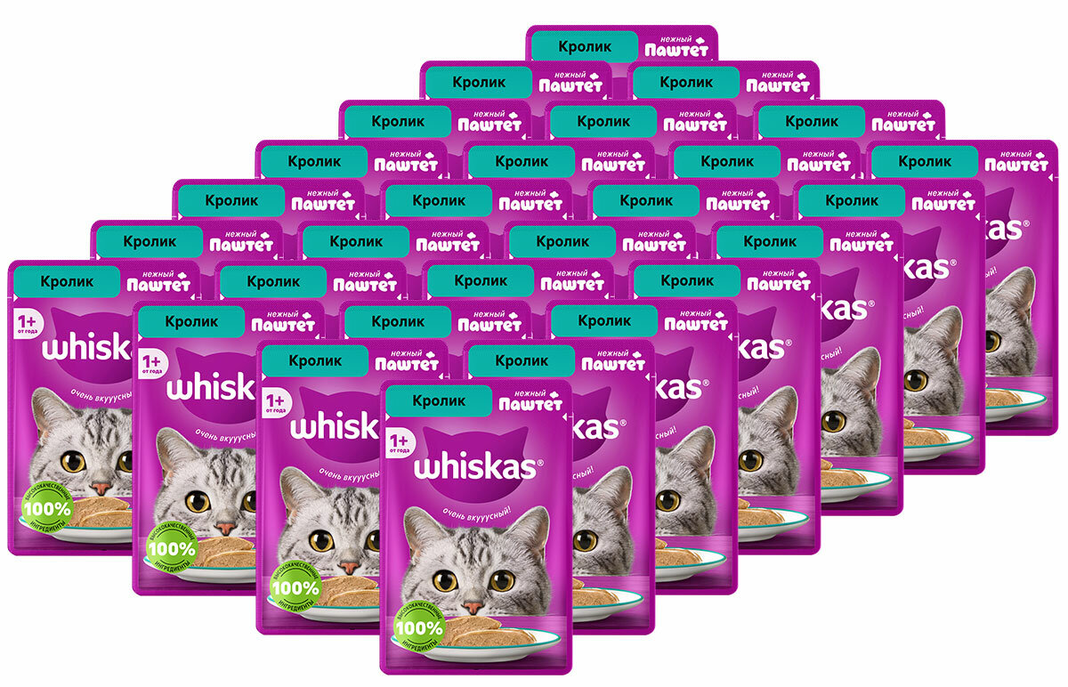 Корм влажный Whiskas для взрослых кошек паштет, кролик, 75 гр х 28 шт
