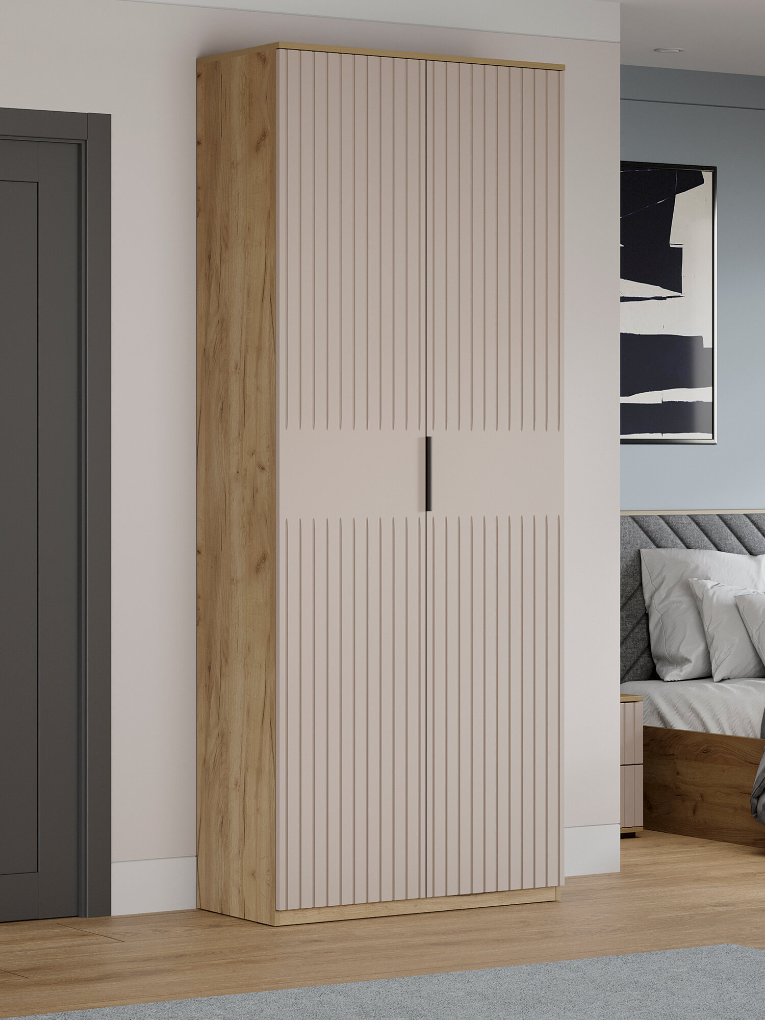 Шкаф распашной с полками и штангой Хилтон исп.2 (Дуб Крафт Золотой/Белый матовый)