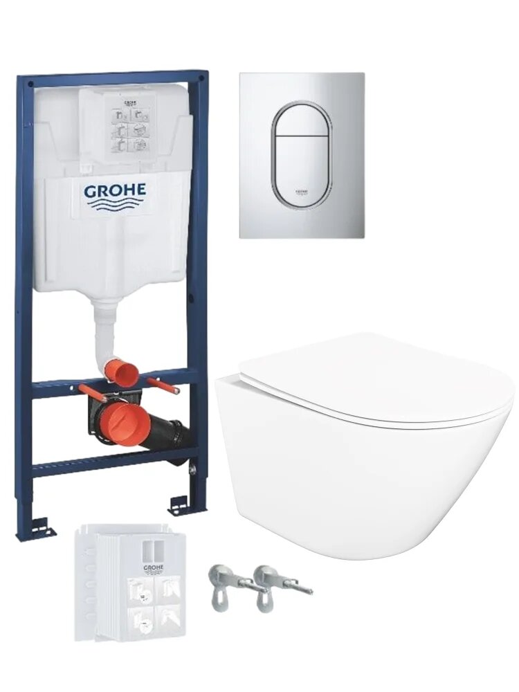 Инсталляция с унитазом комплект 4 в 1: Инсталляция Grohe Rapid SL 39702000 / Унитаз подвесной STWORKI Левангер S07401WH / Кнопка хром, Комплект креплений